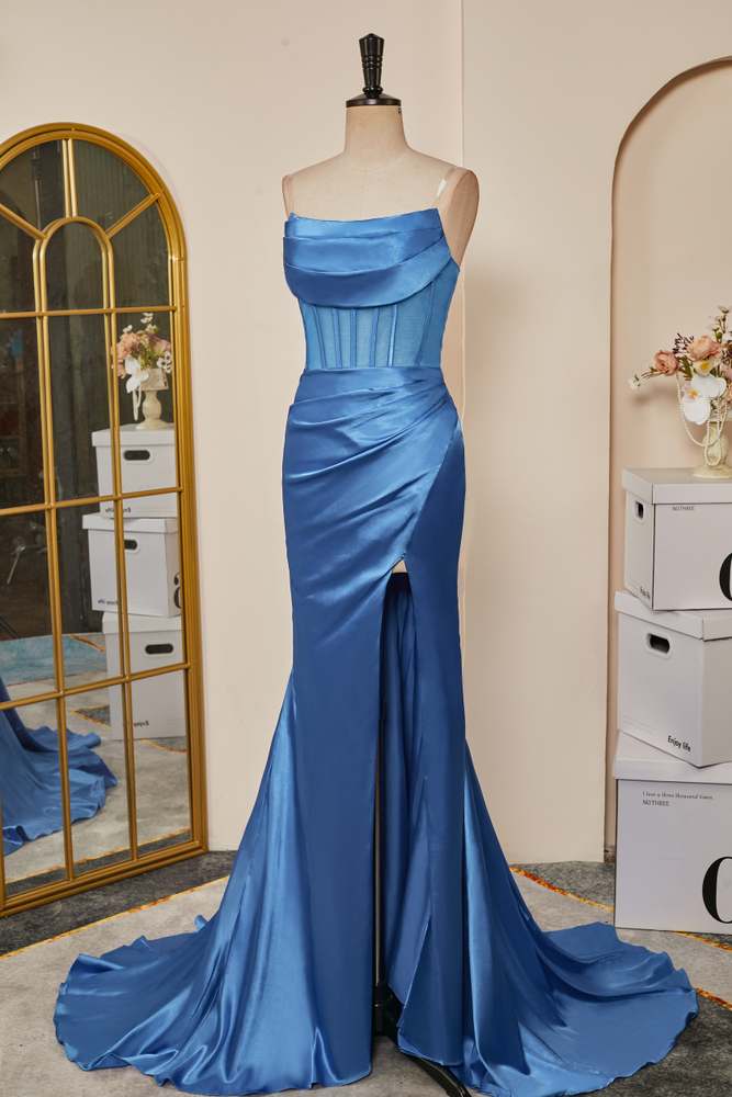 Blue Pleated Strapless Mermaid Satin Long Prom Dress with Slit – Dreamdressy