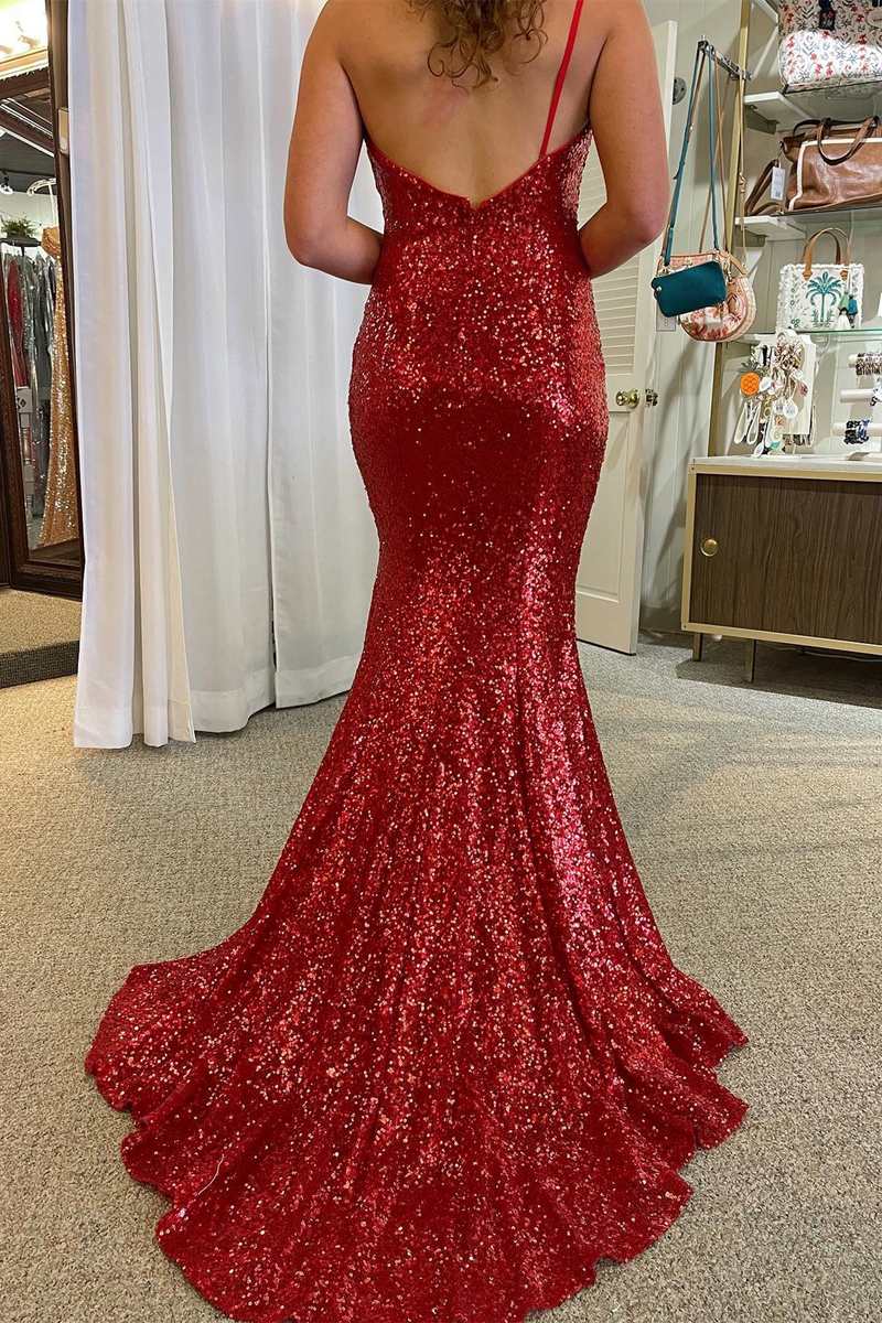 Red Sequin One-Shoulder Ruched Mermaid Long Prom Gown – Dreamdressy