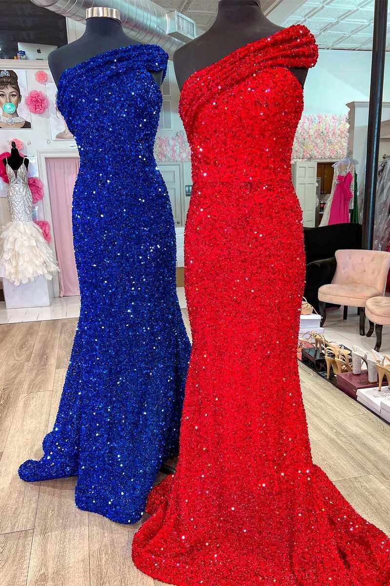 Fuchsia Sequin One-Shoulder Long Prom Dress with Slit – Dreamdressy