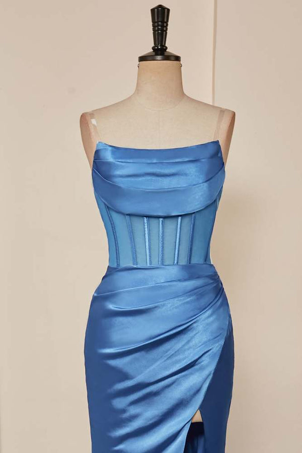 Blue Pleated Strapless Mermaid Satin Long Prom Dress with Slit – Dreamdressy