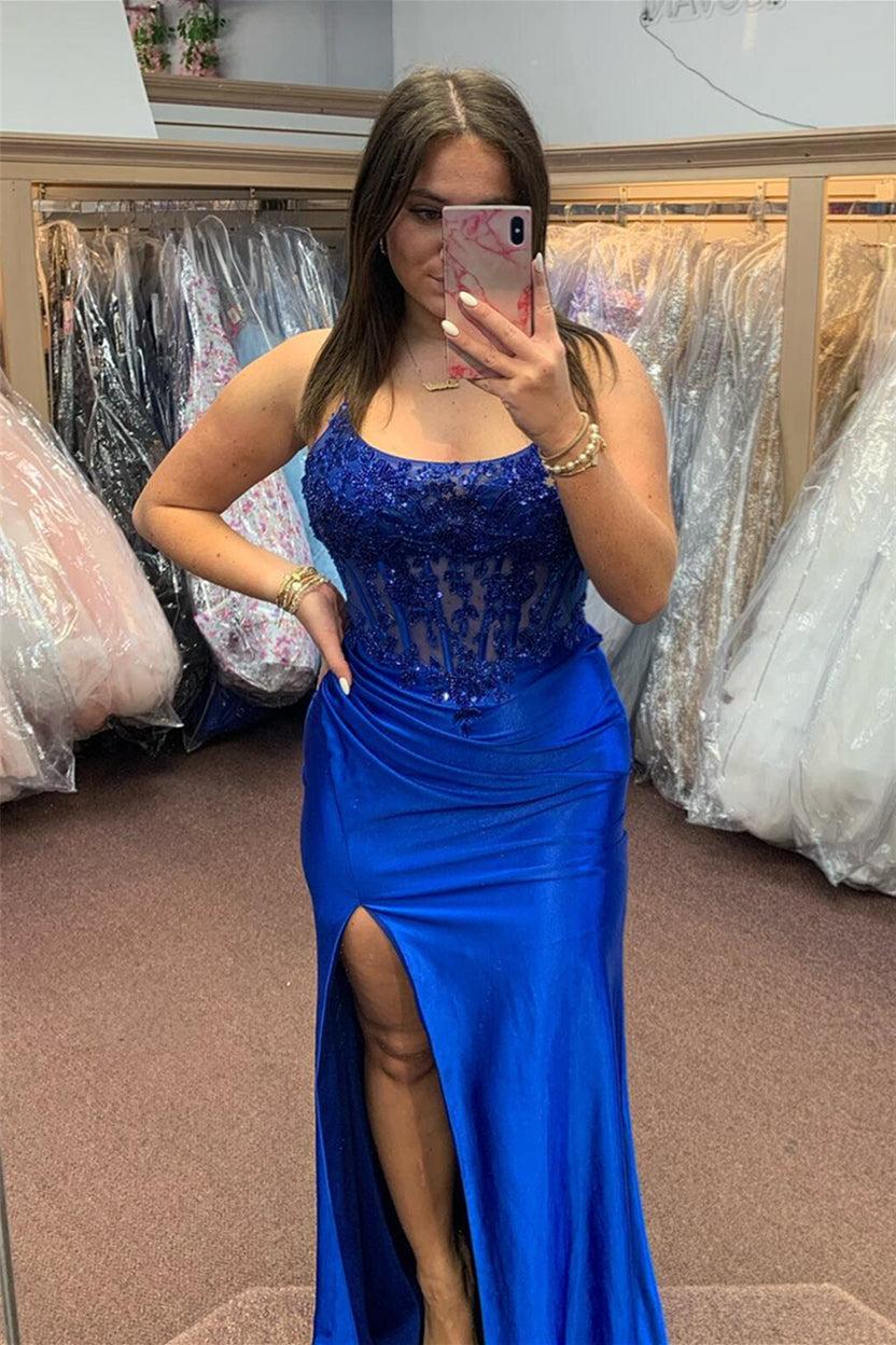 Royal Blue Lace-Up Floral Mermaid Satin Long Prom Dress with Slit – Dreamdressy