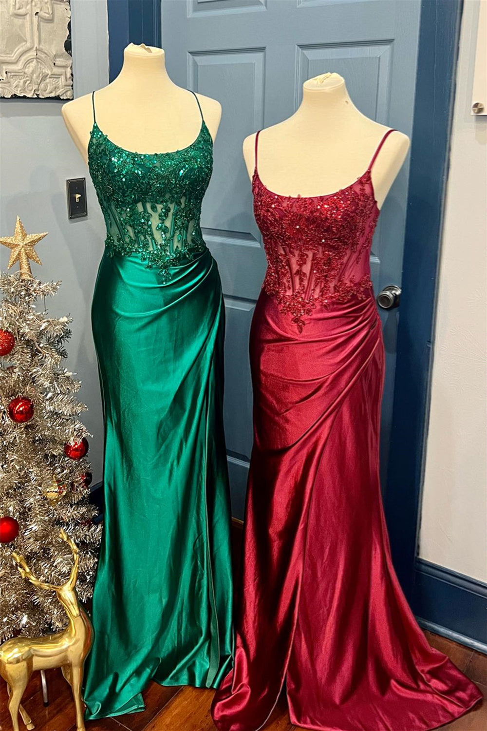 Royal Blue Lace-Up Floral Mermaid Satin Long Prom Dress with Slit – Dreamdressy