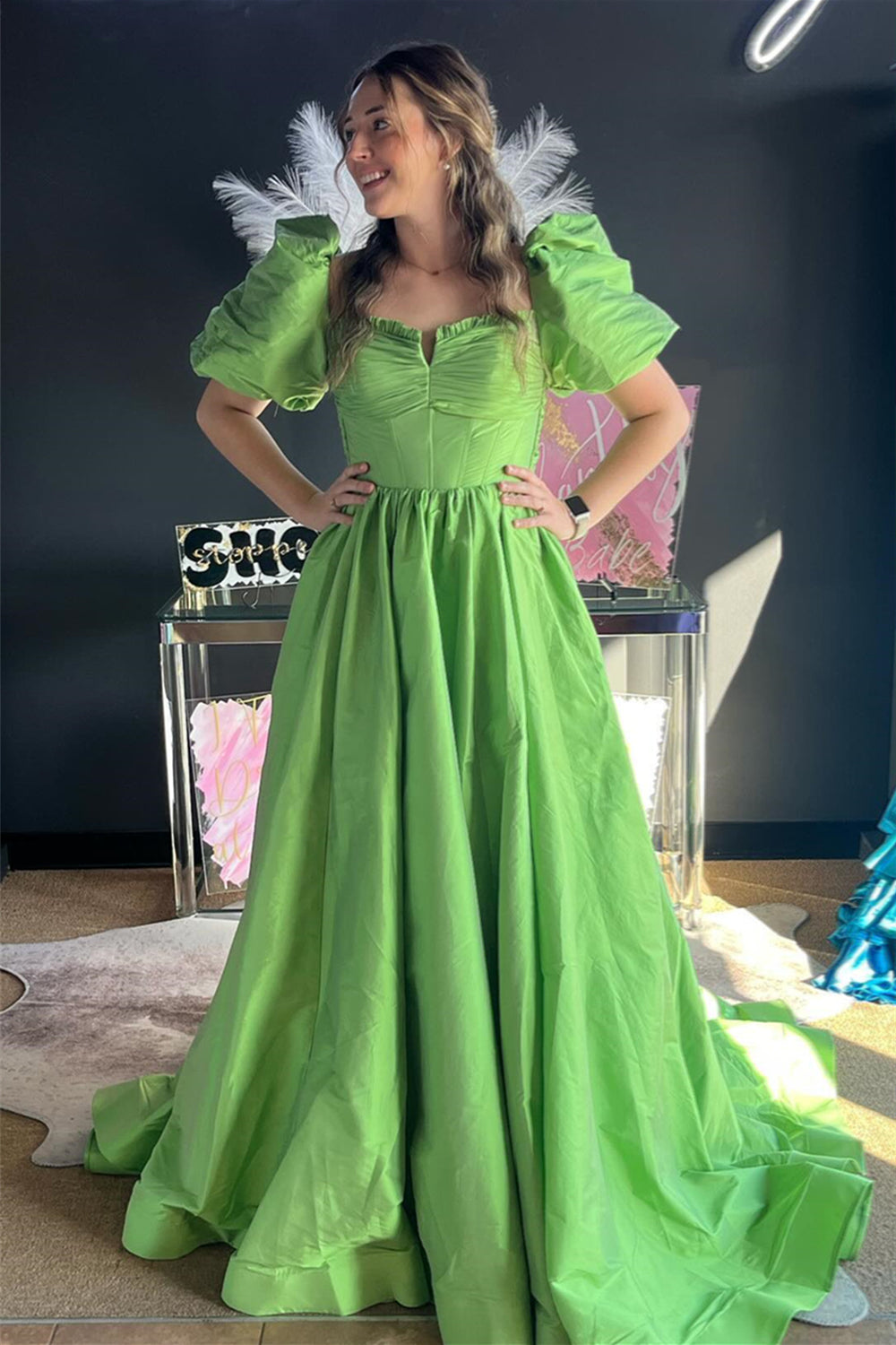 Green Ruffled Puff Sleeves Satin Long Prom Dress – Dreamdressy