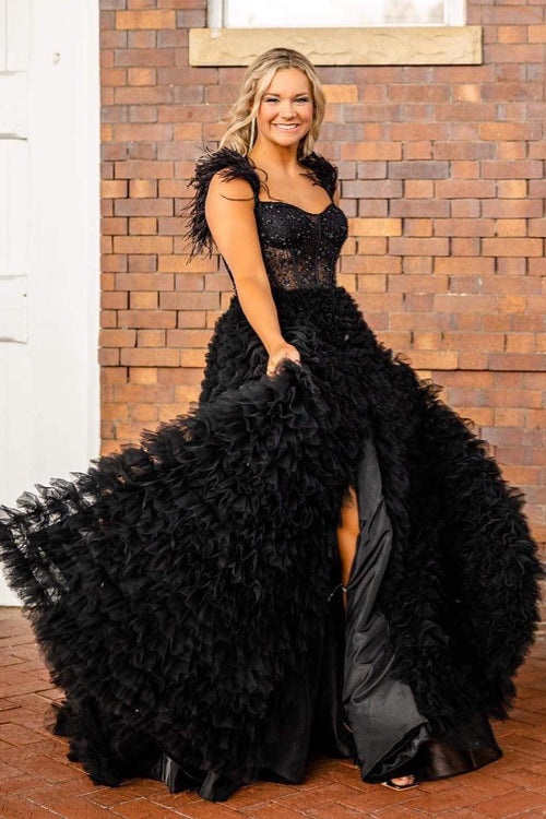 Pink Off-the-Shoulder Feathers Ruffle-Layers Beaded Long Prom Dress ...