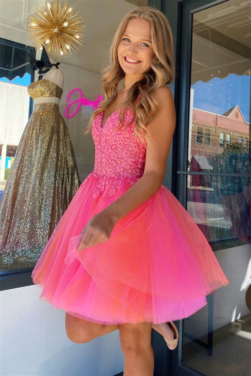 Hot Pink V Neck Straps Appliques Tulle Homecoming Dress – Dreamdressy