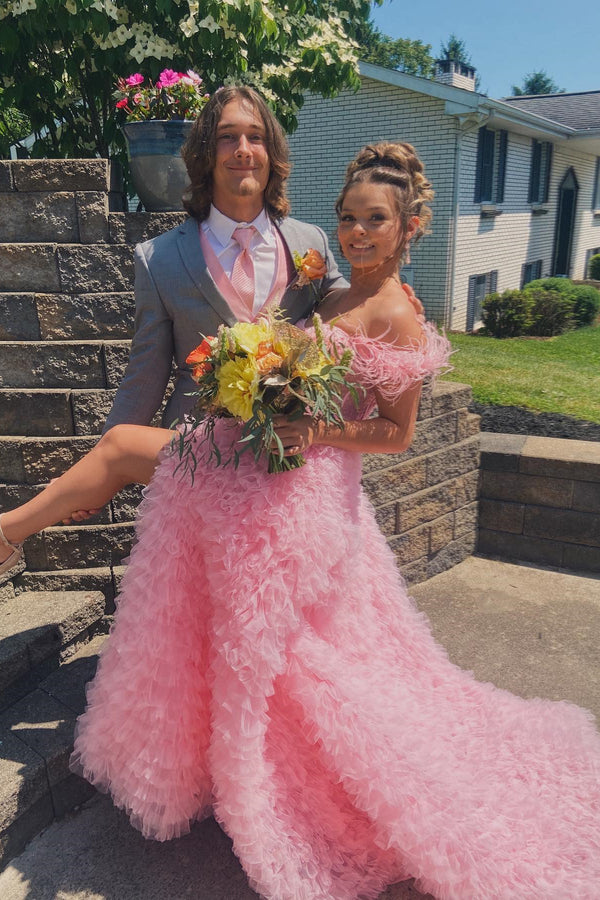 Pink Off-the-Shoulder Feathers Ruffle-Layers Beaded Long Prom Dress ...