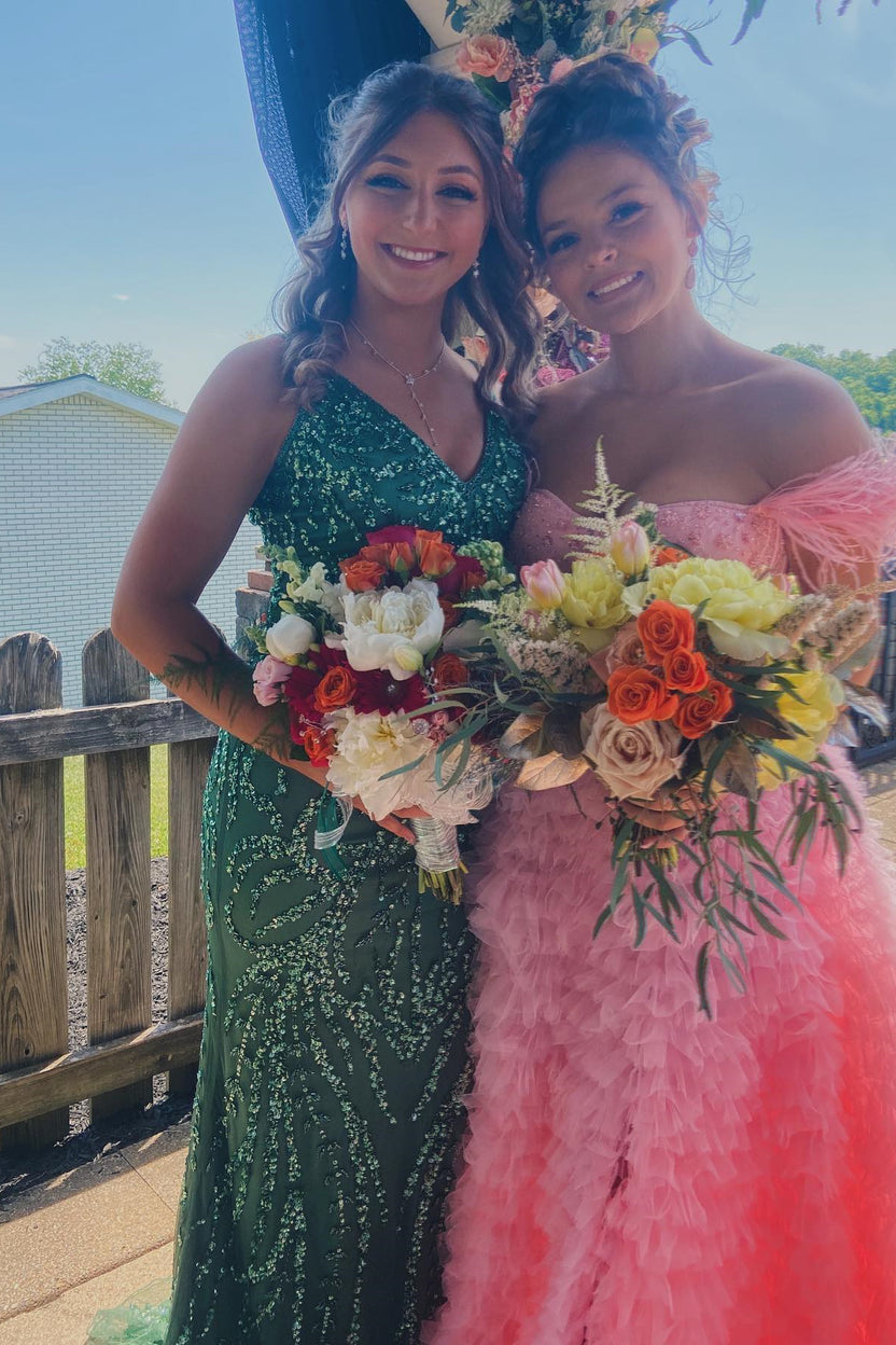 Pink Off-the-Shoulder Feathers Ruffle-Layers Beaded Long Prom Dress ...