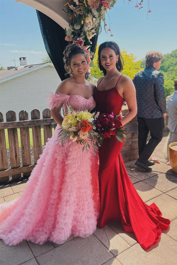 Pink Off-the-Shoulder Feathers Ruffle-Layers Beaded Long Prom Dress ...