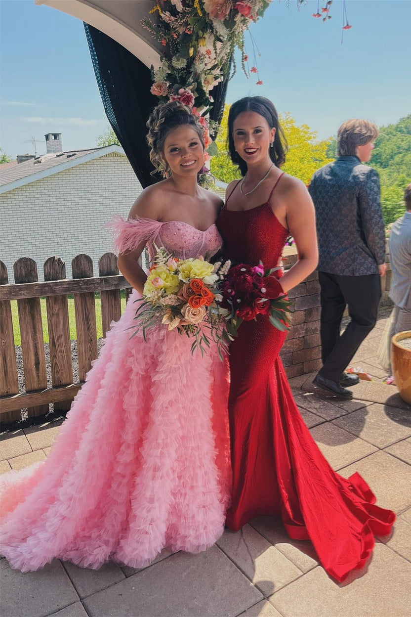 Pink Off-the-Shoulder Feathers Ruffle-Layers Beaded Long Prom Dress ...