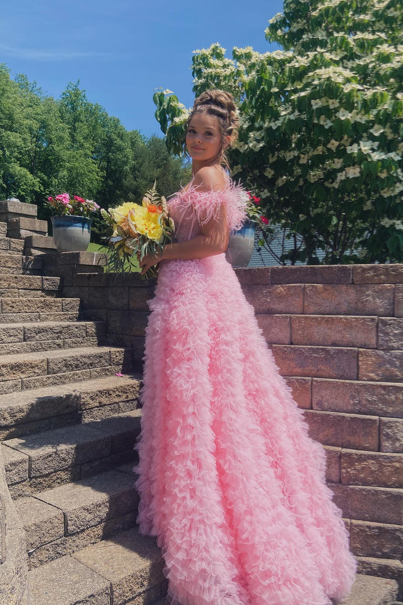 Pink Off-the-Shoulder Feathers Ruffle-Layers Beaded Long Prom Dress ...
