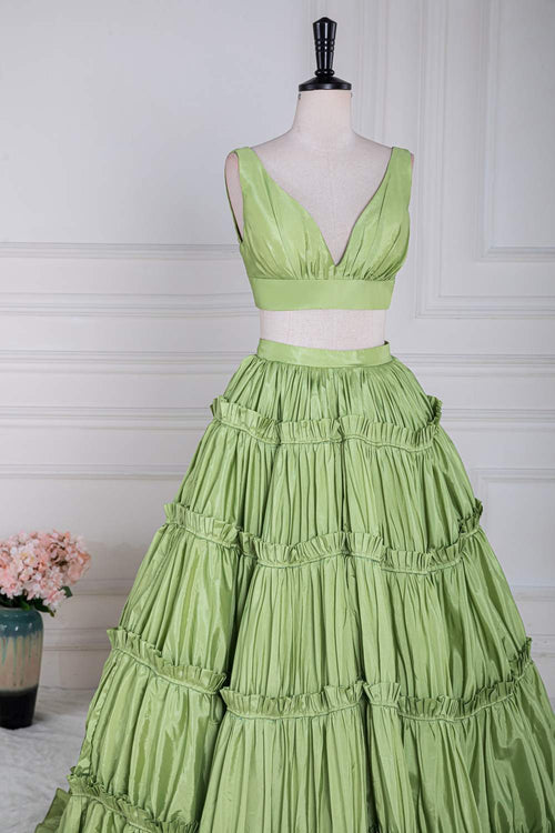 Green Two-Picec Ruffled A-line Long Prom Dress – Dreamdressy