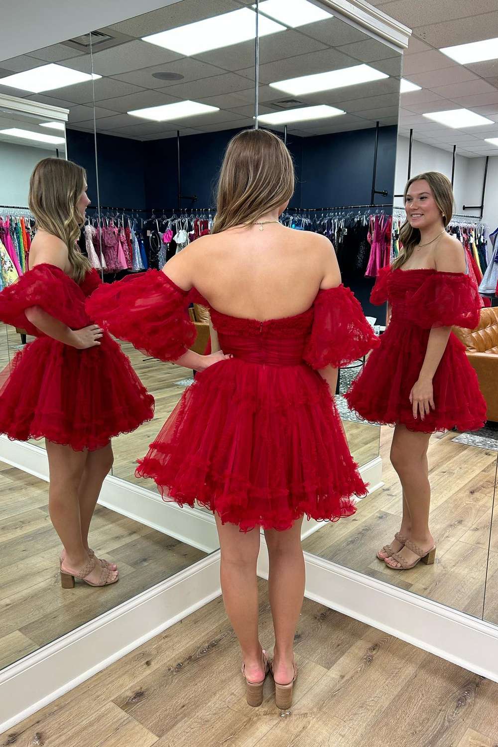 Red Tulle Puff Sleeves Ruffles Tulle Homecoming Dress – Dreamdressy