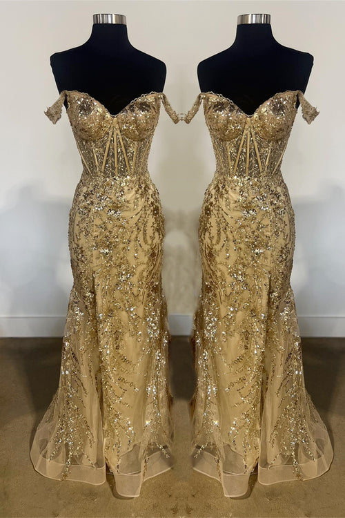 Fuchsia Off-Shoulder Sequined Floral Mermaid Long Prom Dress with Slit – Dreamdressy