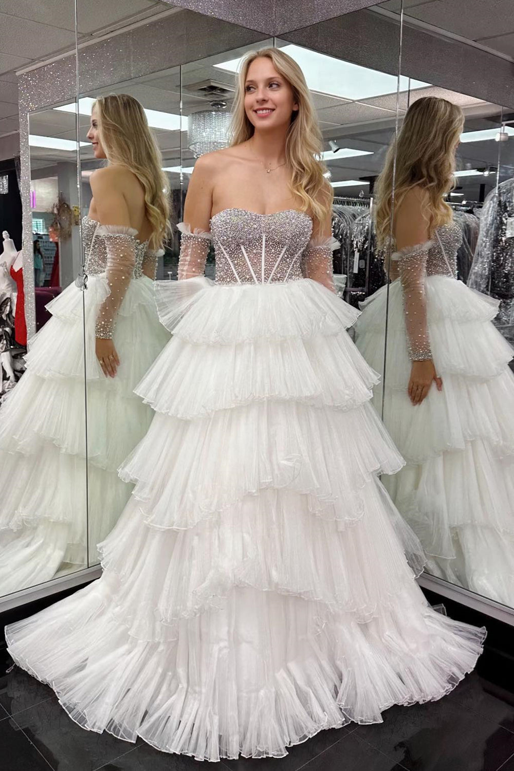 White Beaded Top Strapless Ruffle-Layers Long Prom Dress with Detachab ...