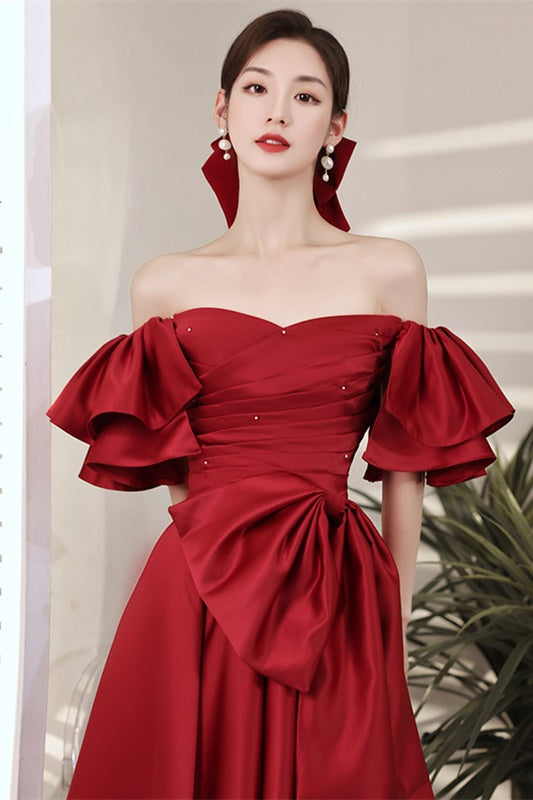 A-Line Burgundy Off-the-Shoulder Bow Prom Gown – Dreamdressy