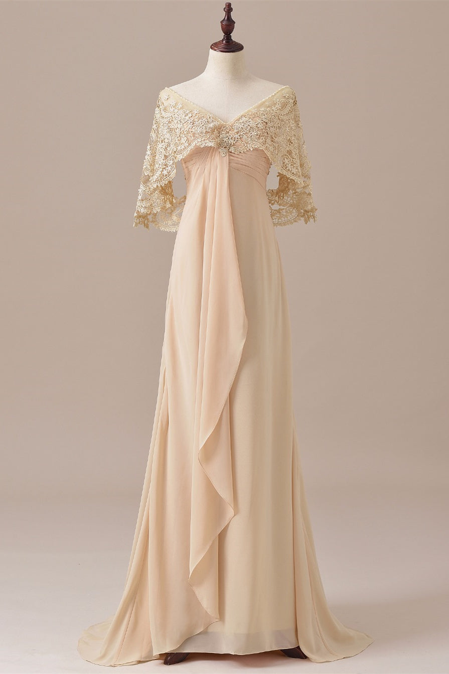 Ruffles Chiffon Long Mother of the Bride Dress with Lace Cape – Dreamdressy