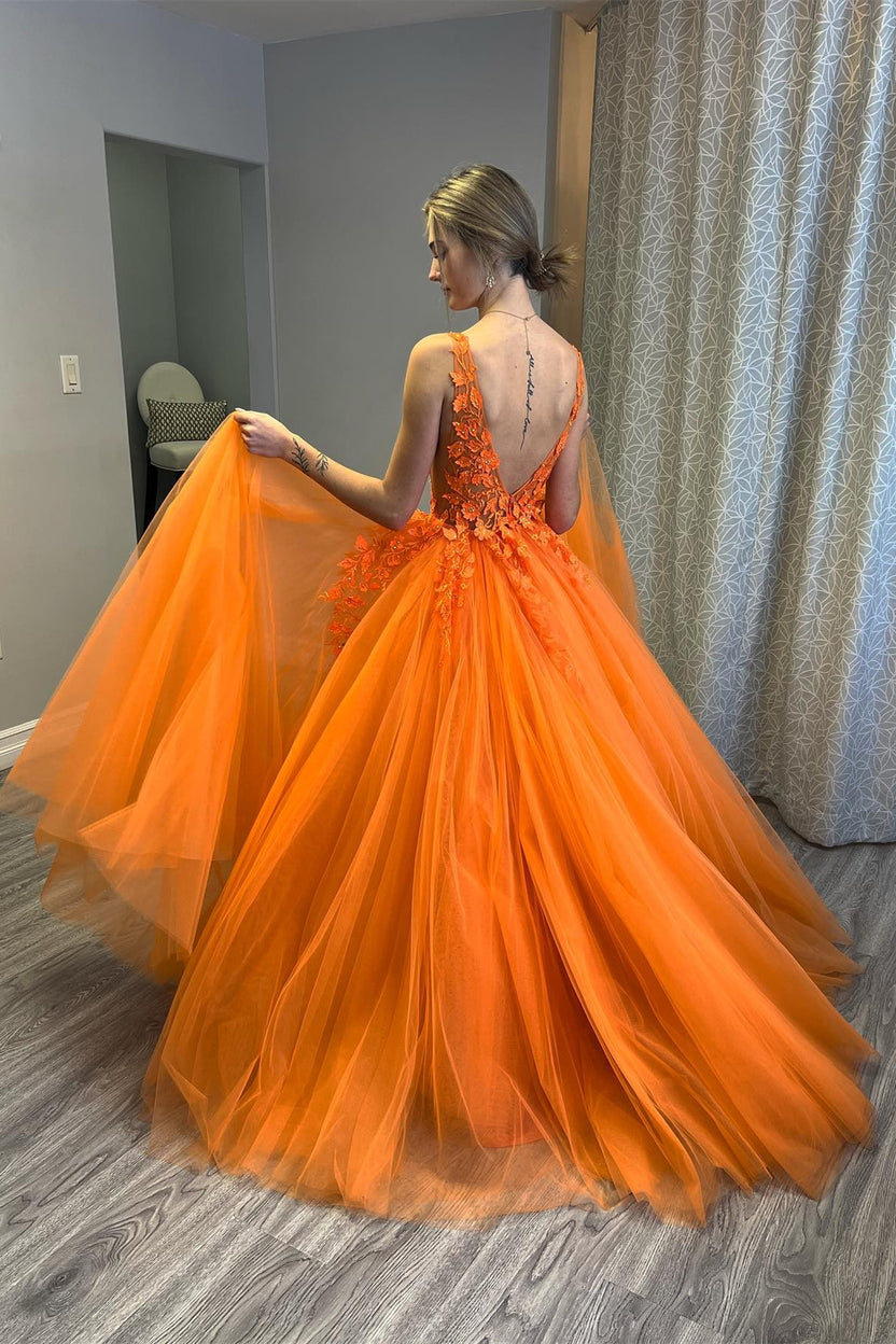 Princess Orange A-line Floral Appliues Long Formal Dress – Dreamdressy