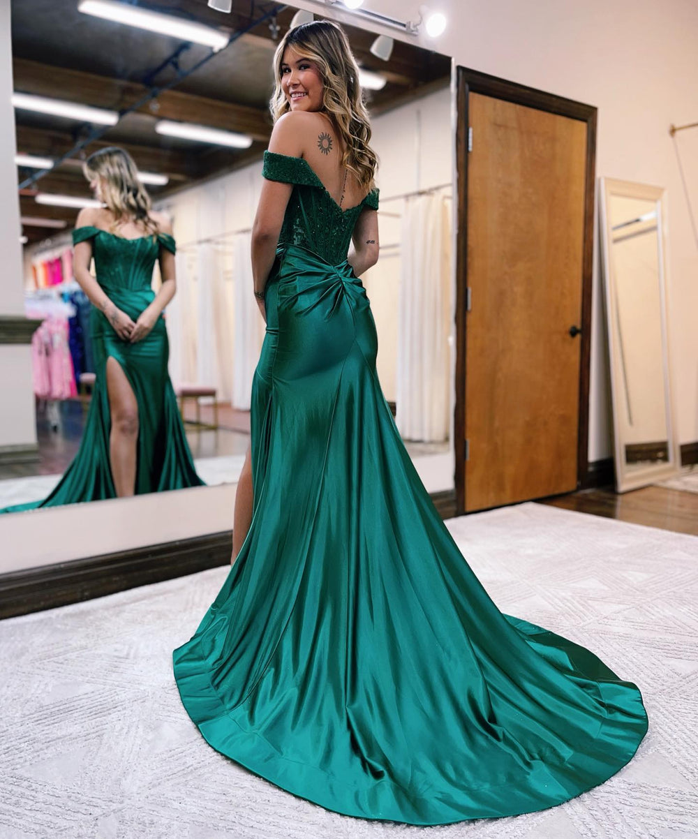 Off The Shoulder Satin Lace Mermaid Long Prom Gown Dreamdressy