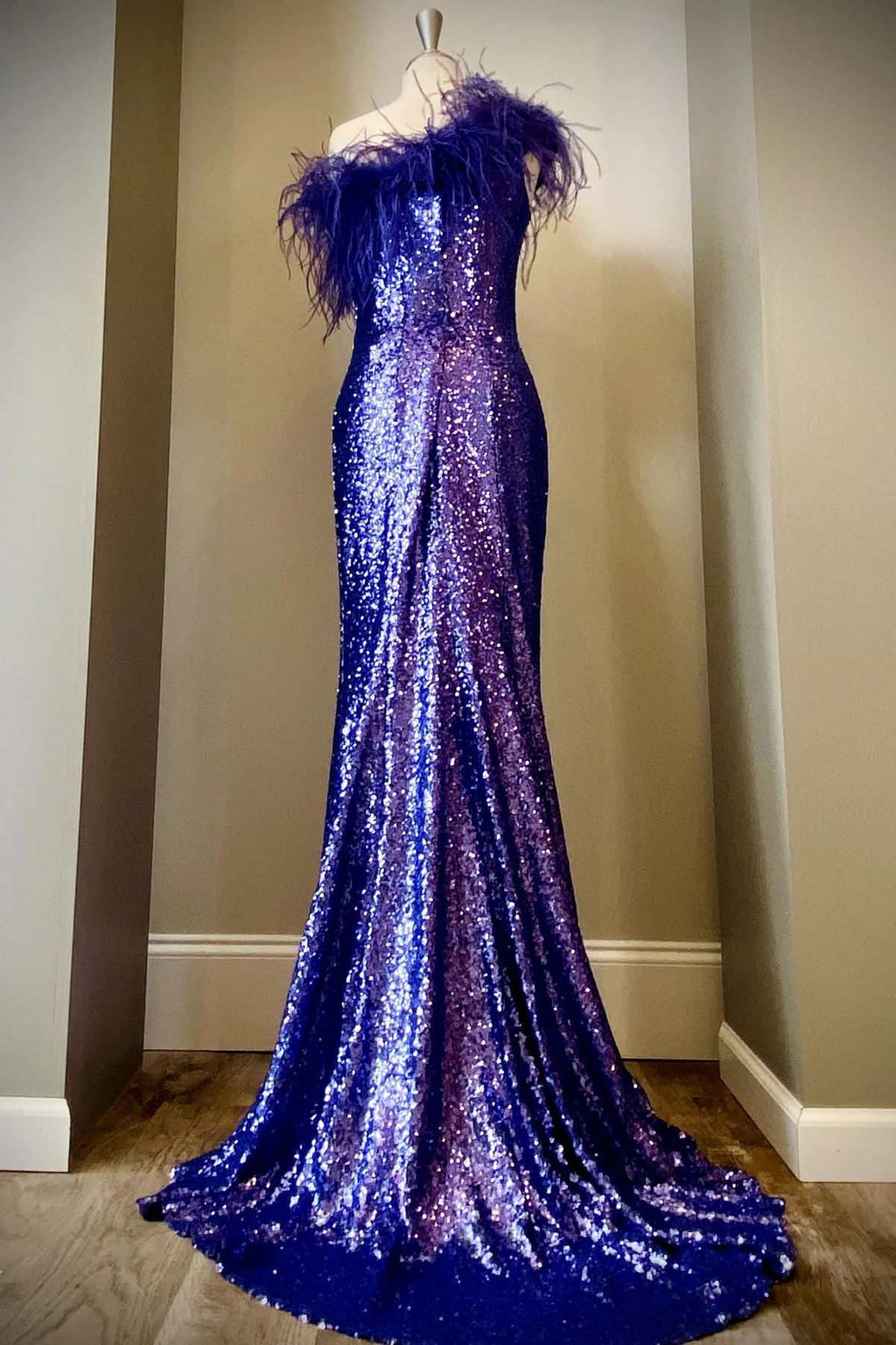 Purple Sequin Feather One-Shoulder Long Formal Dress with Slit ...