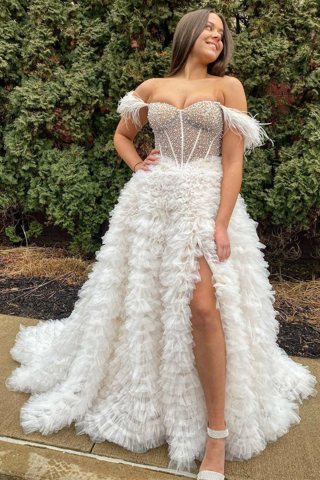 Hot Pink Beaded Feather Off-the-Shoulder Tiered Long Prom Dress with S ...