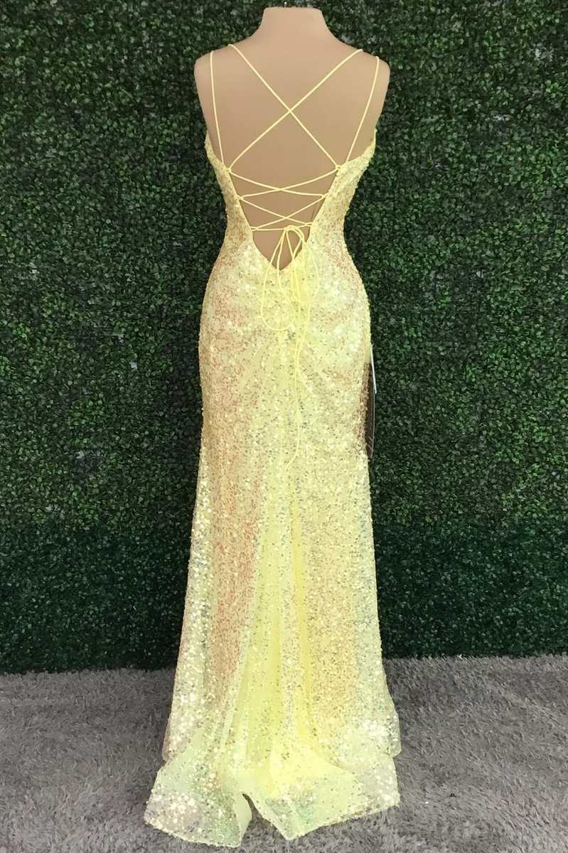 Yellow Sequin V-Neck Lace-Up Back Long Prom Dress with Slit – Dreamdressy