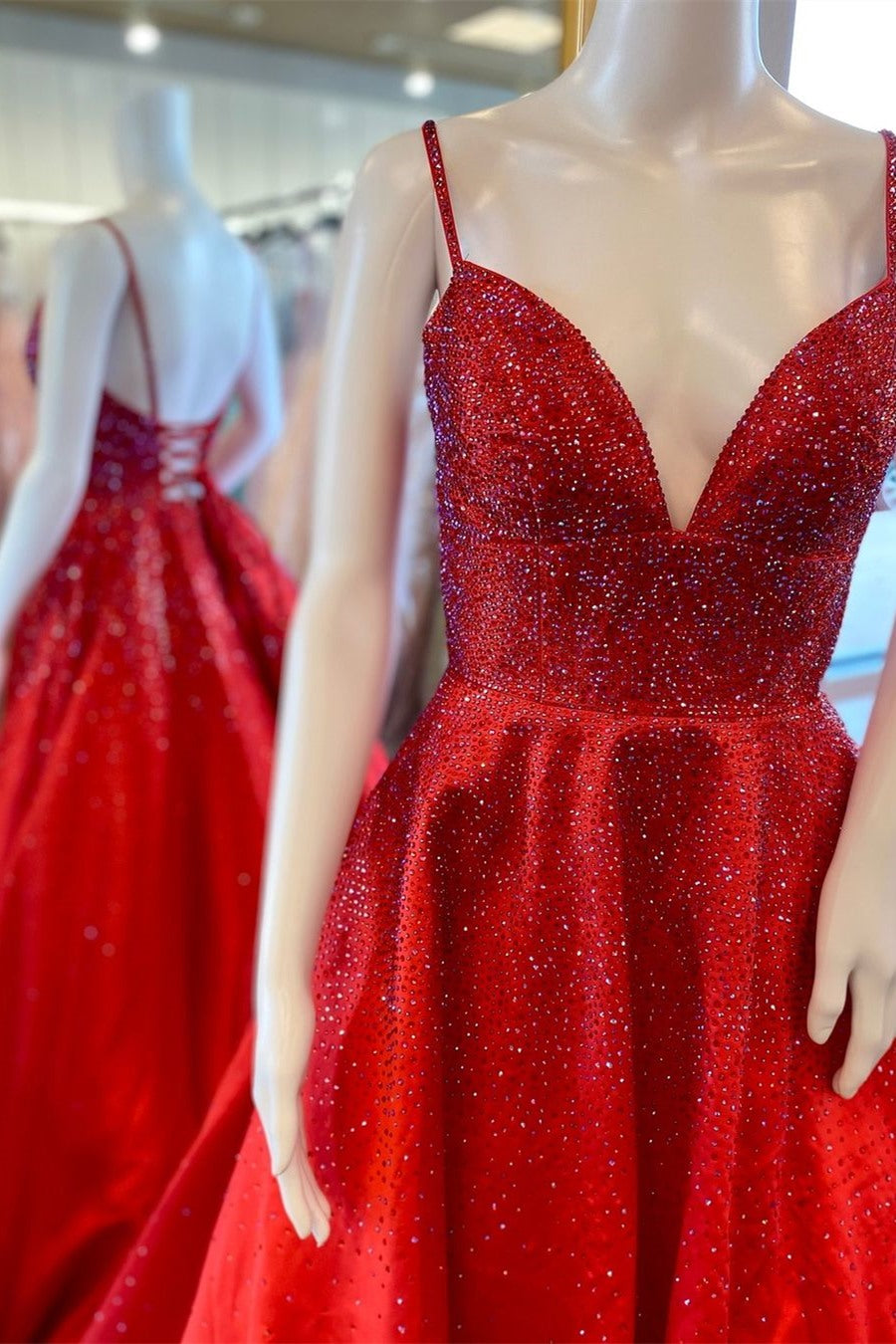 Spaghetti Straps Red Satin Beaded A-line Long Formal Gown – Dreamdressy