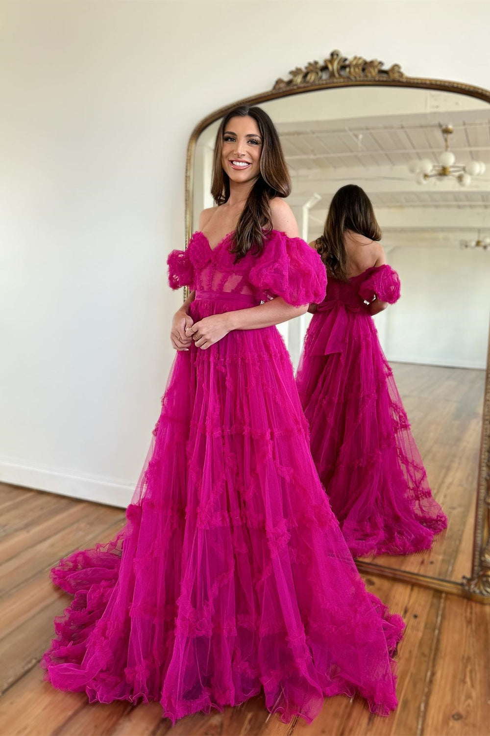 Princess Pink Off-the-Shoulder A-Line Prom Dress with Ruffles – Dreamdressy